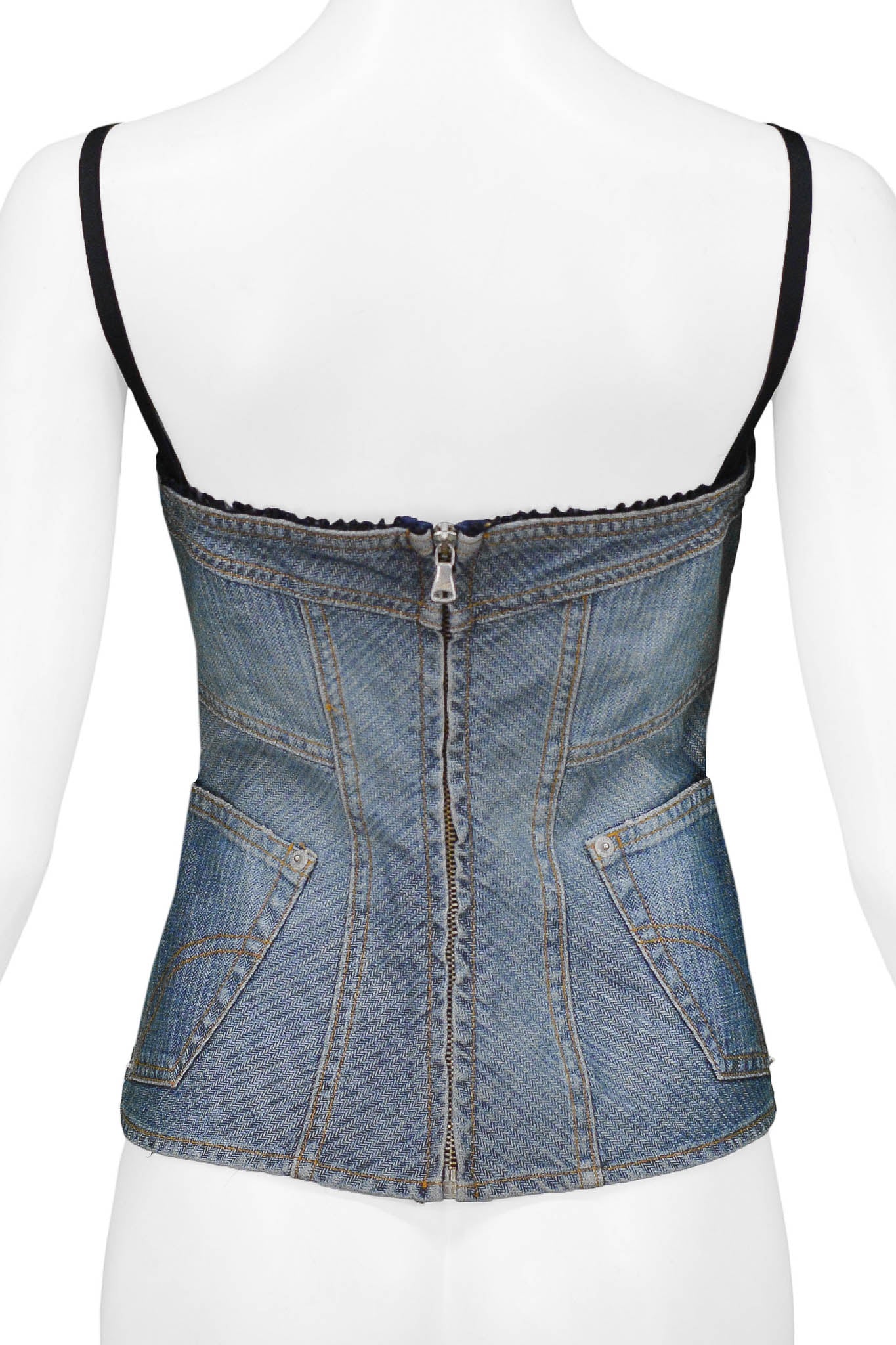 DOLCE & GABBANA JEAN DENIM BUSTIER TOP WITH LACE TRIM